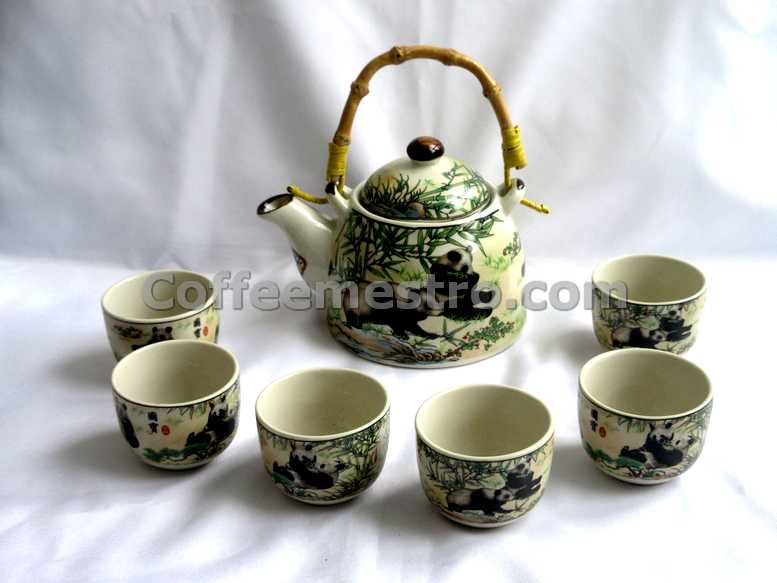 Chinese Style “Pandas” Graphic Ceramic Tea Pot and 6 Cups Set ...